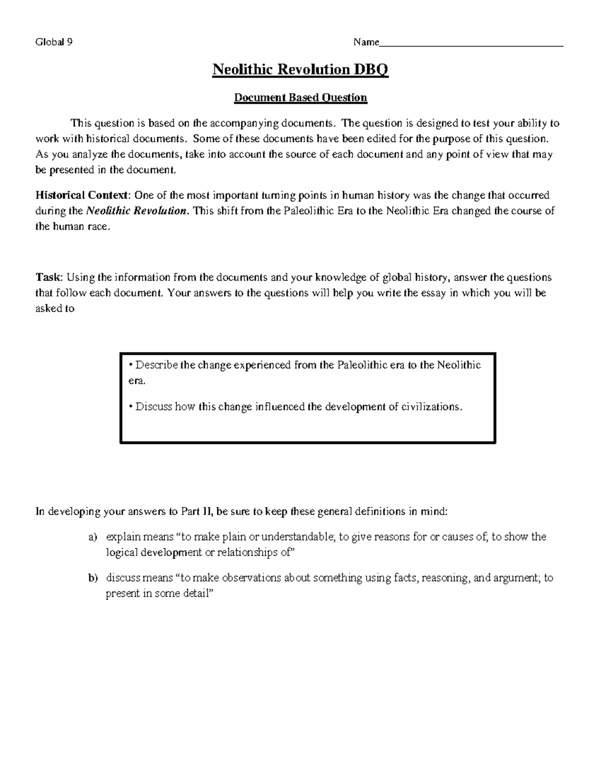 Neolithic Revolution DBQ: Analyzing Historical Impact in Global 9 - Studocu