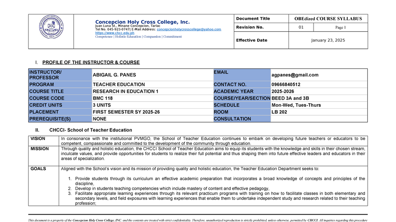 Final Syllabus for BMC 118: Research in Education 1 - Studocu