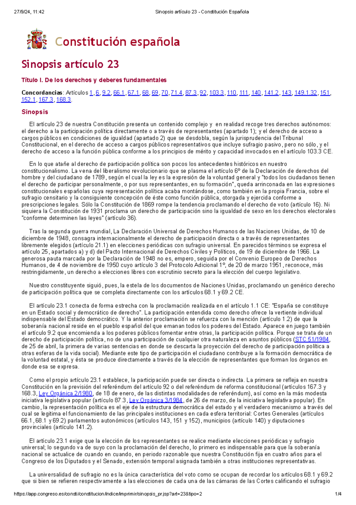 Sinopsis del Artículo 23 de la Constitución Española - Sinopsis ...