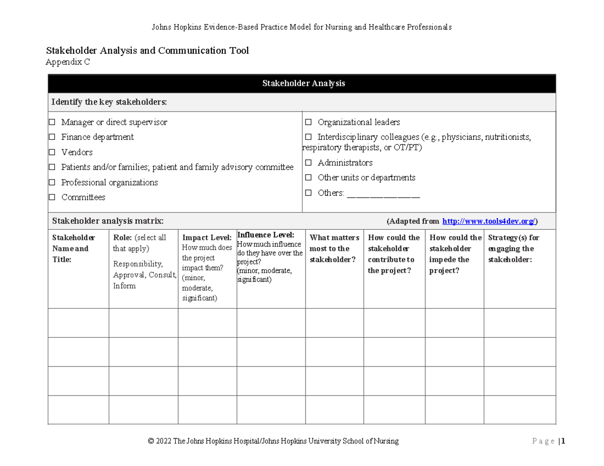 Johns Hopkins Nursing EBP Project Stakeholder Analysis Appendix C - Studocu