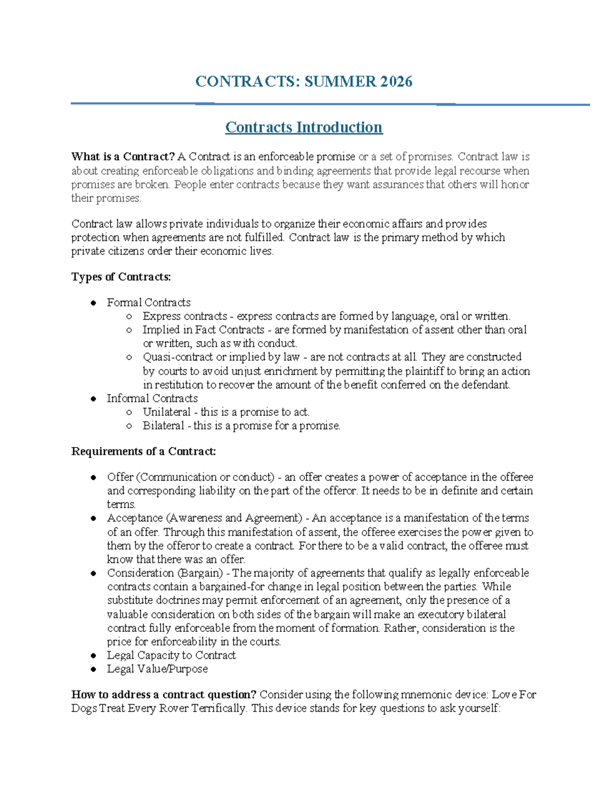 Contracts Outline: Summer 2026 - Key Concepts and Principles - Studocu
