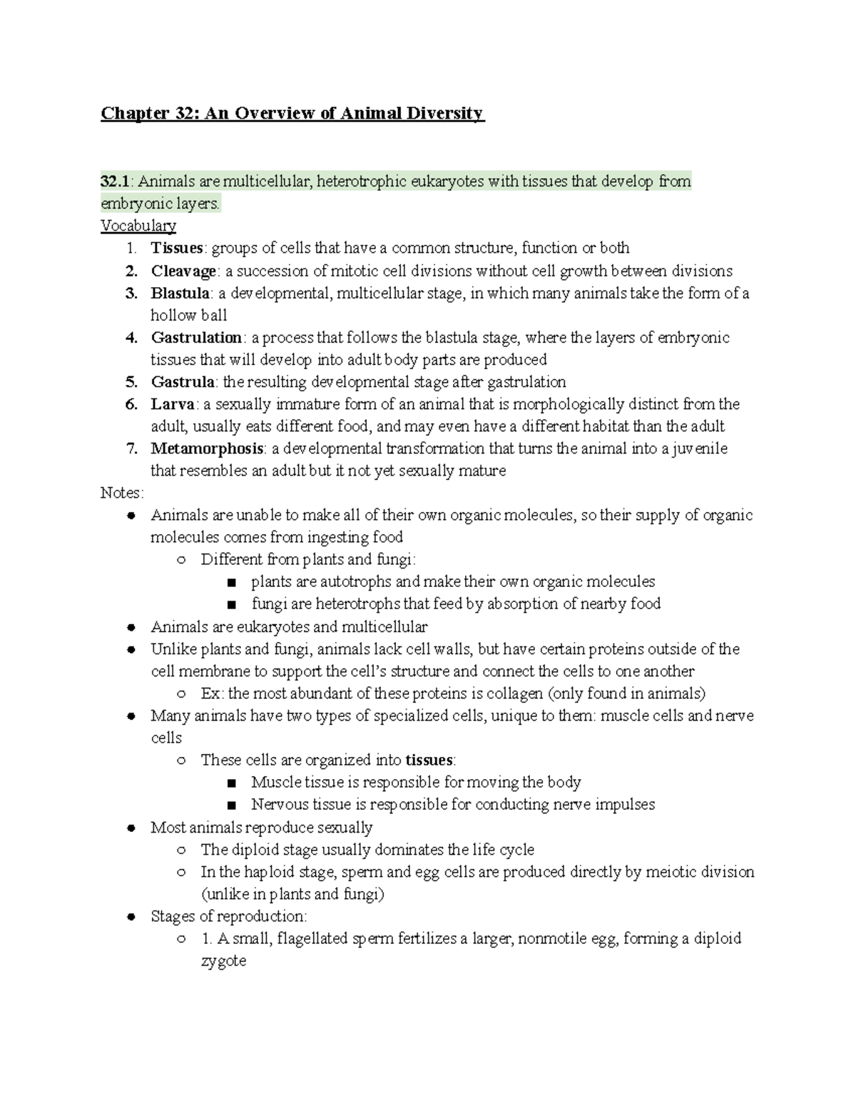 AP Biology Chapter 32 Overview of Animal Diversity - Chapter 32: An ...