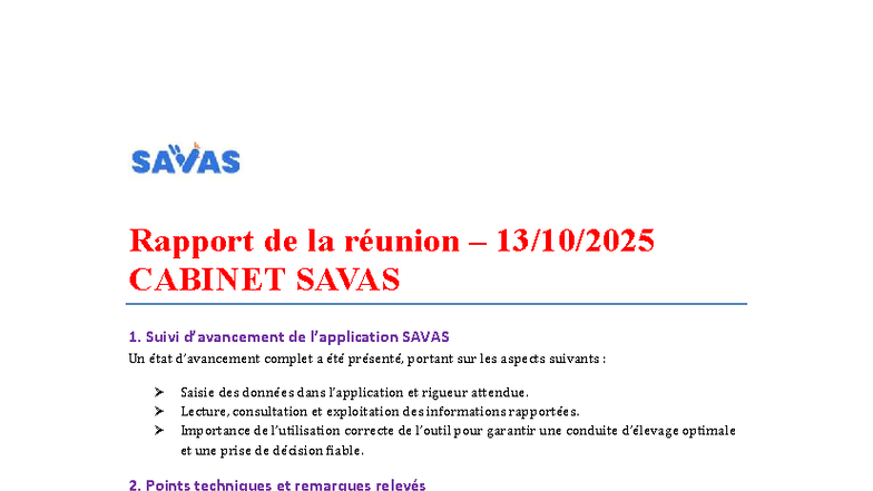 Rapport de réunion SAVAS - Suivi et Points Techniques - Studocu