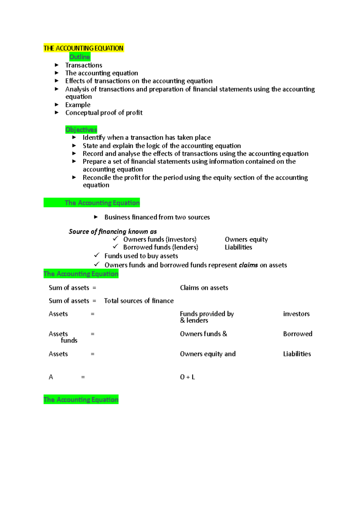 The accounting equation summary - THE ACCOUNTING EQUATION Outline ...