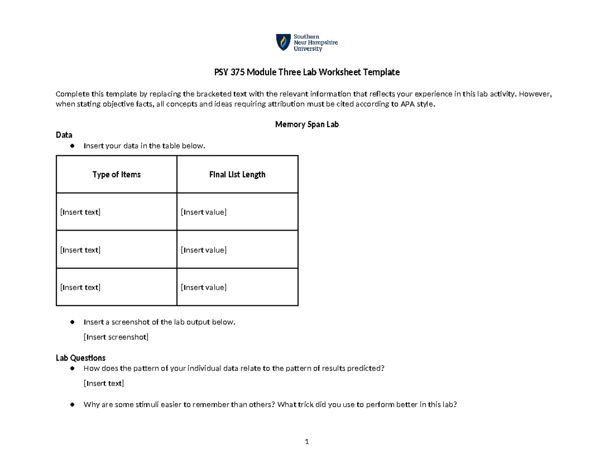PSY 375 Cognition - Lab Worksheet for Week 1 Activities - Studocu