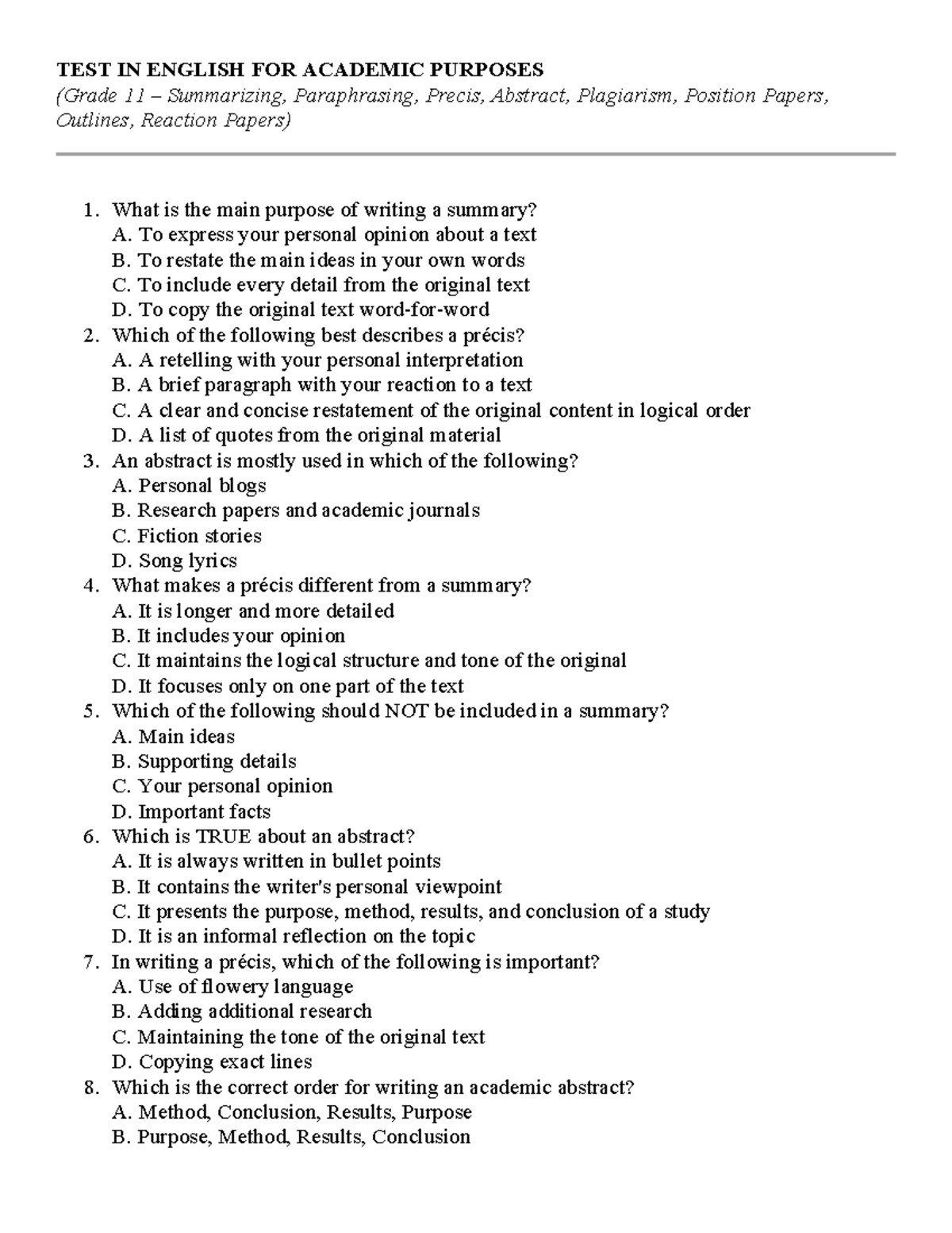 Grade 11 Test: Summarizing, Paraphrasing, and Academic Writing - Studocu