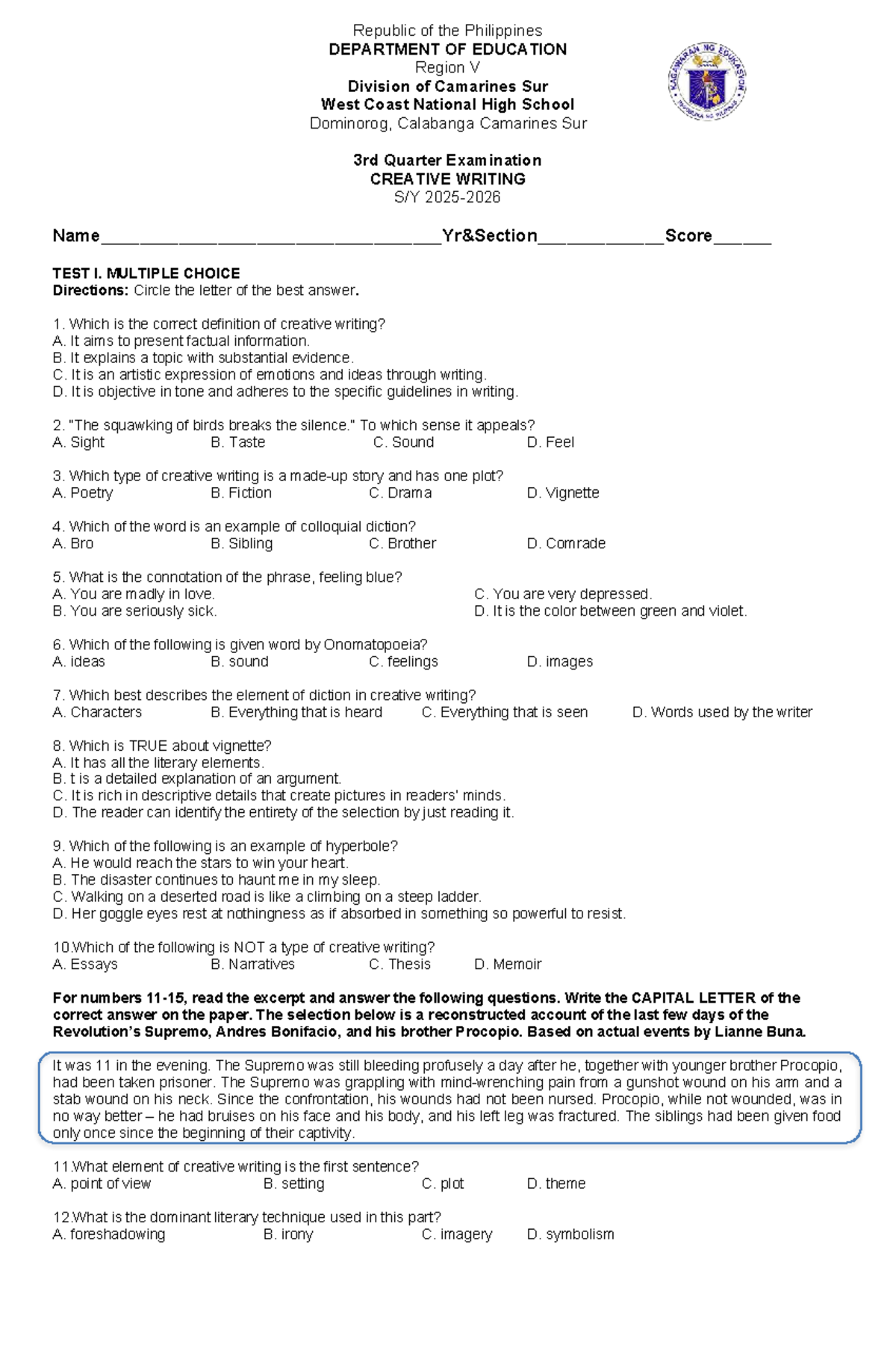 CW 3rd Quarter Exam: Creative Writing Test - Studocu