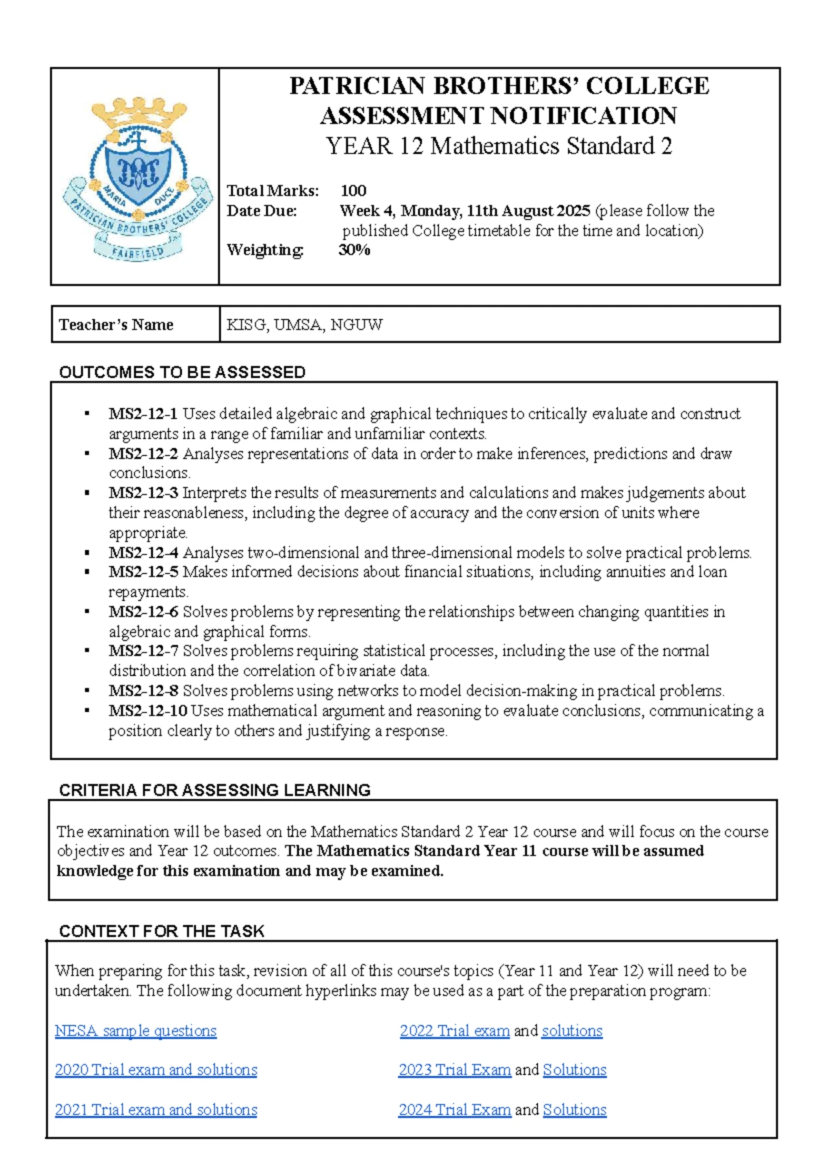 Year 12 Mathematics Advanced Assessment Notification AT#4 2025 - Studocu