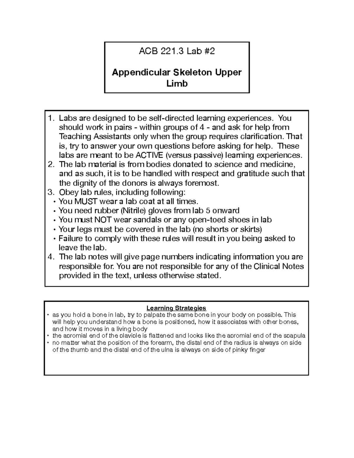 ACB 221.3 Lab #2: Appendicular Skeleton - Upper Limb Overview - Studocu