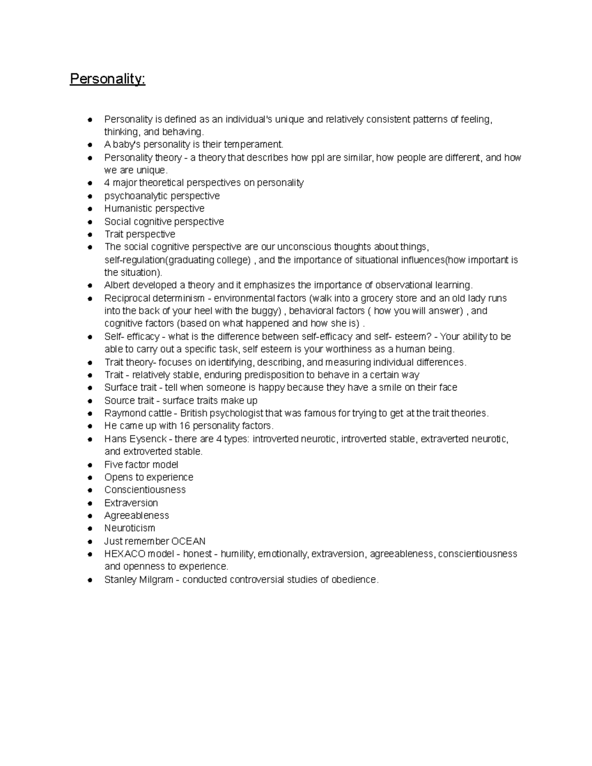 PSYC 101 Lecture Notes #7: Overview of Personality Theories - Studocu