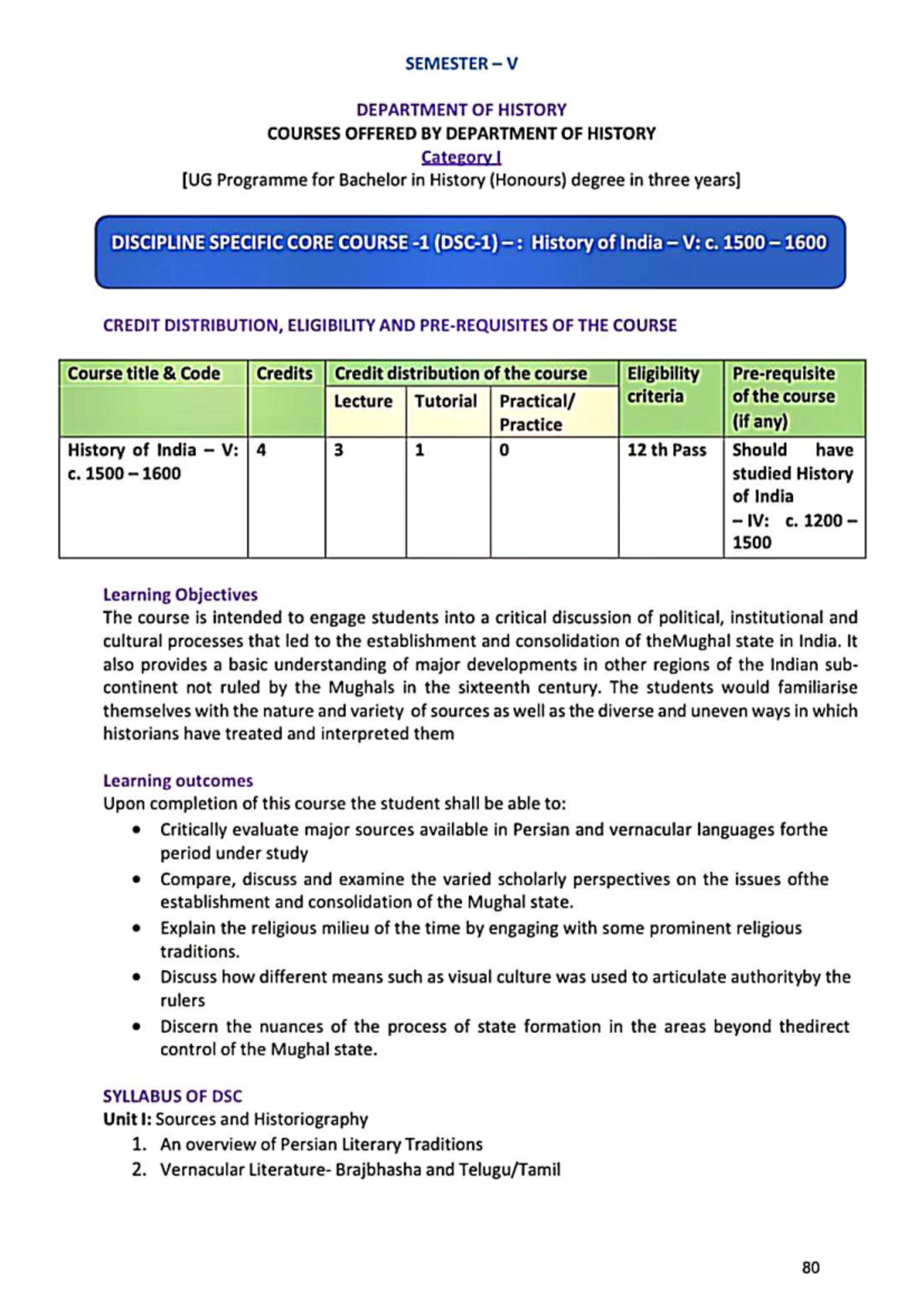 Syllabus for History Course SEM - 5: History of India V and Modern ...