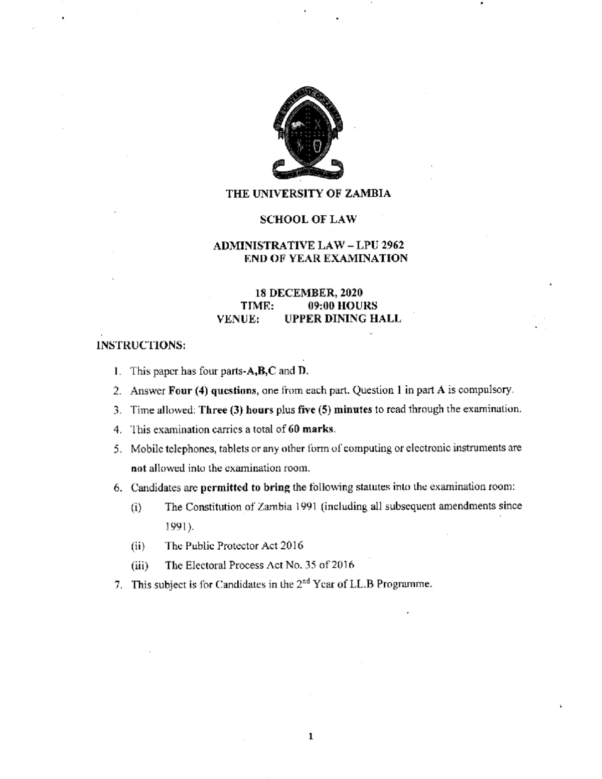 Admin Law LPU 2962 - 2020 End of Year Exam Past Paper Questions - Studocu