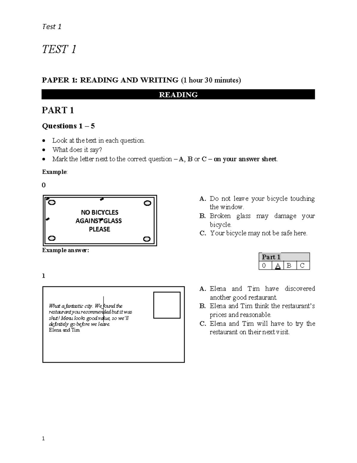 509520349 Test 1 Answer Key: Reading and Writing, Listening Parts - Studocu