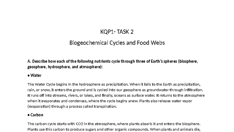 KQP1 - Task 2: Biogeochemical Cycles & Food Webs Analysis - Studocu