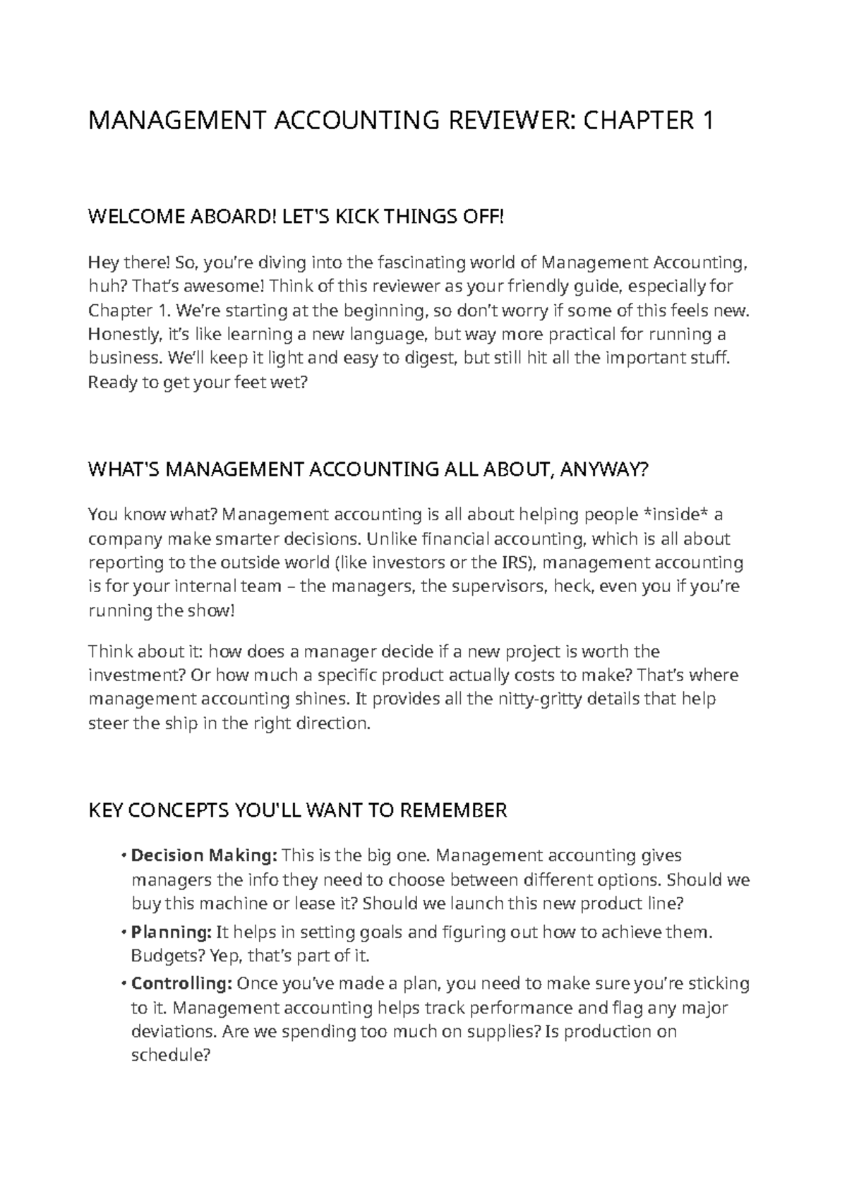 MANAGEMENT ACCOUNTING REVIEWER: CHAPTER 1 INSIGHTS & CONCEPTS - Studocu