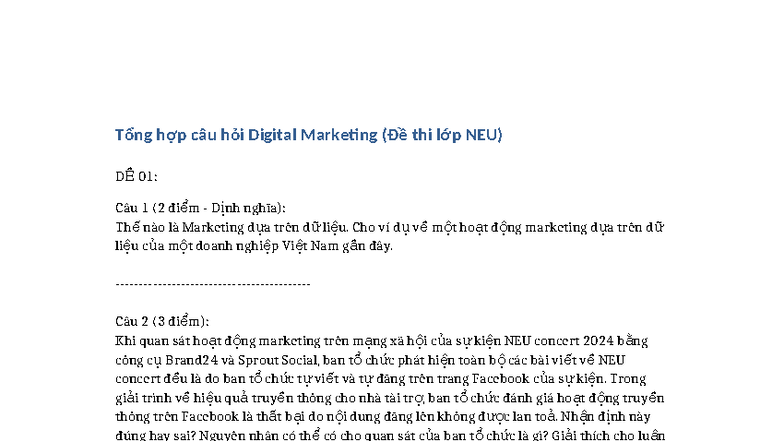 Tổng hợp câu hỏi Đề thi Digital Marketing NEU - Đề 01 - Studocu