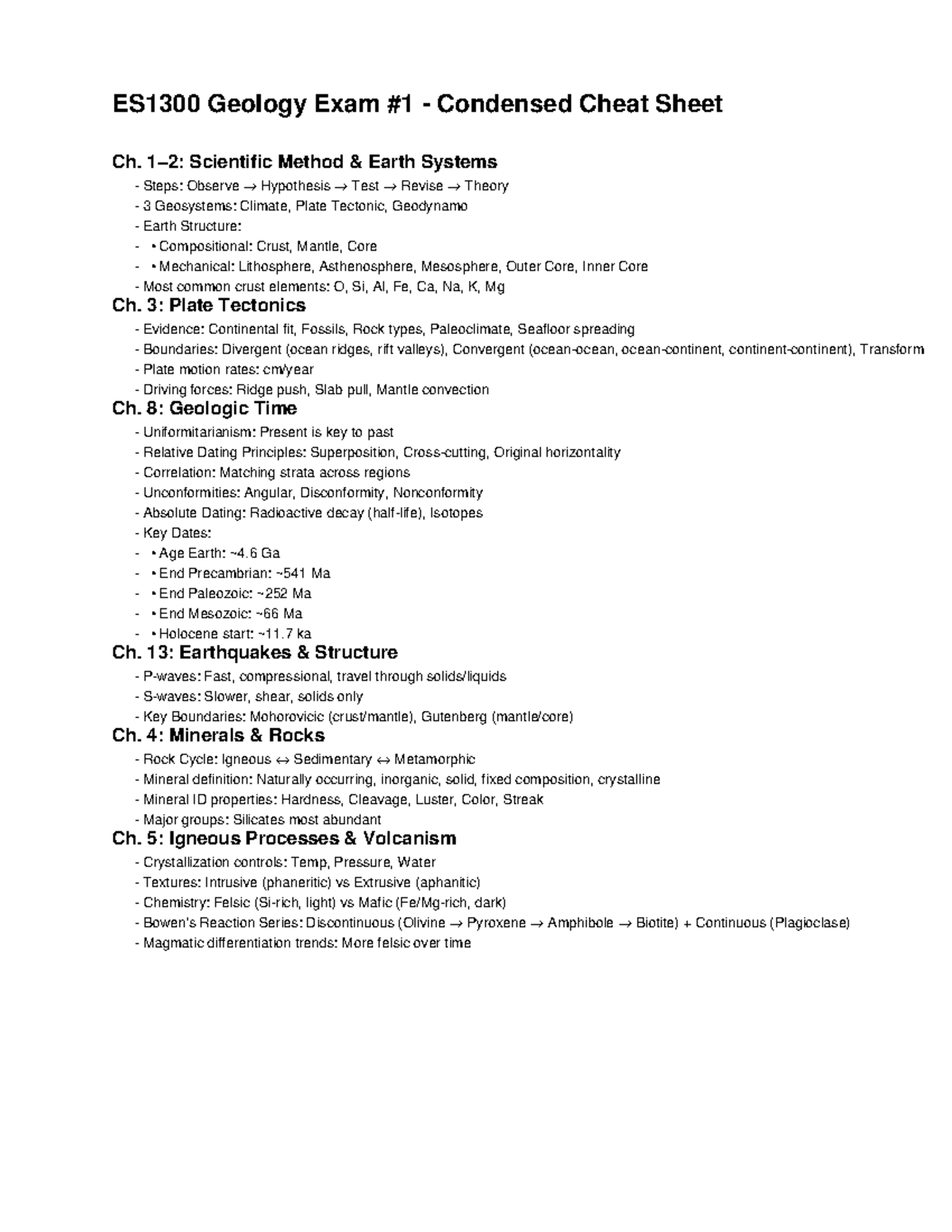 ES1300 Geology Exam #1 - Comprehensive Cheat Sheet & Study Guide - Studocu