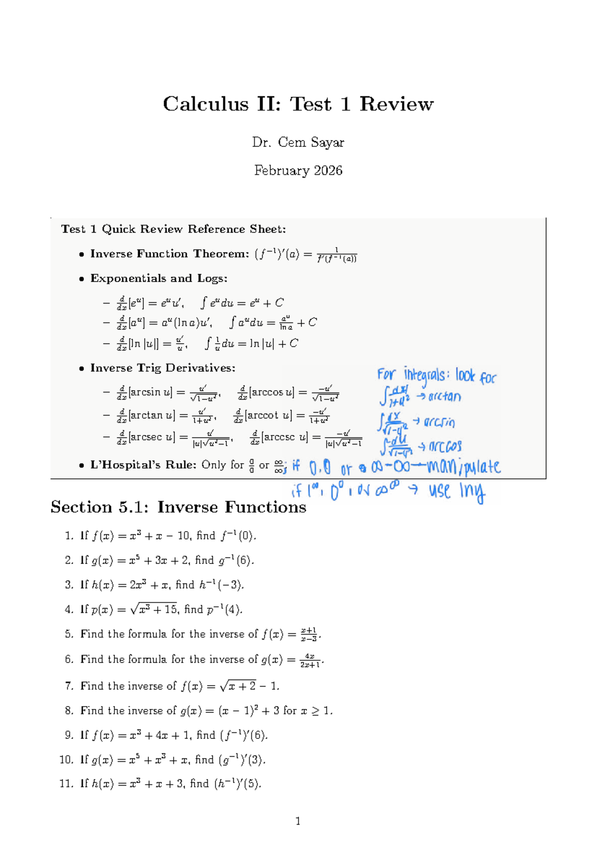 Calculus II: Test 1 Review Notes by Dr. Cem Sayar - Studocu