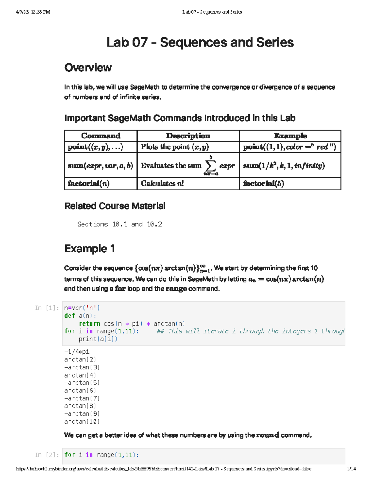 MATH 2 - Lab 07 - Lab 07 - Sequences and Series Overview In this lab, we will use SageMath to ...
