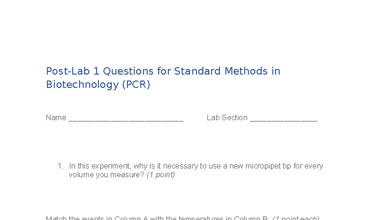 Biotechnology Post Lab 1: PCR Questions and Explanations - Studocu