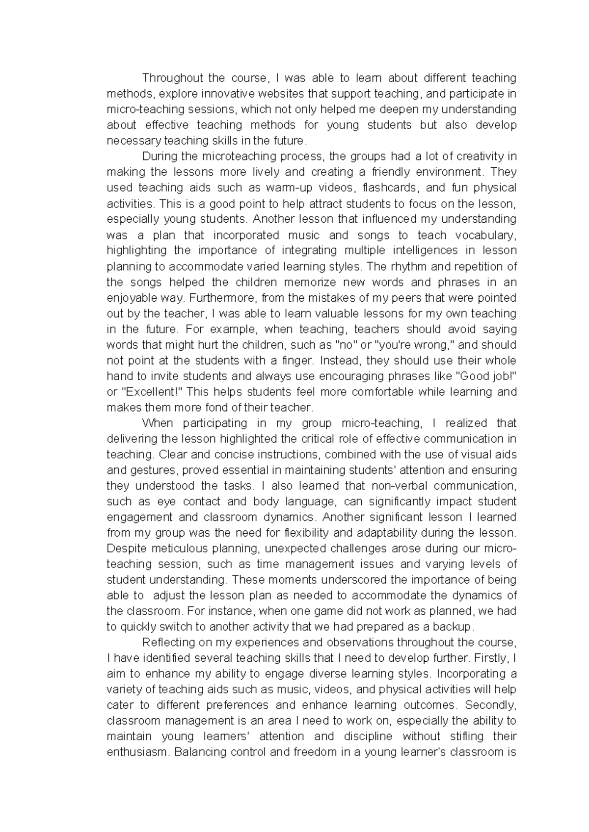 Reflection on Teaching Methods for Young Learners (EDU101) - Studocu