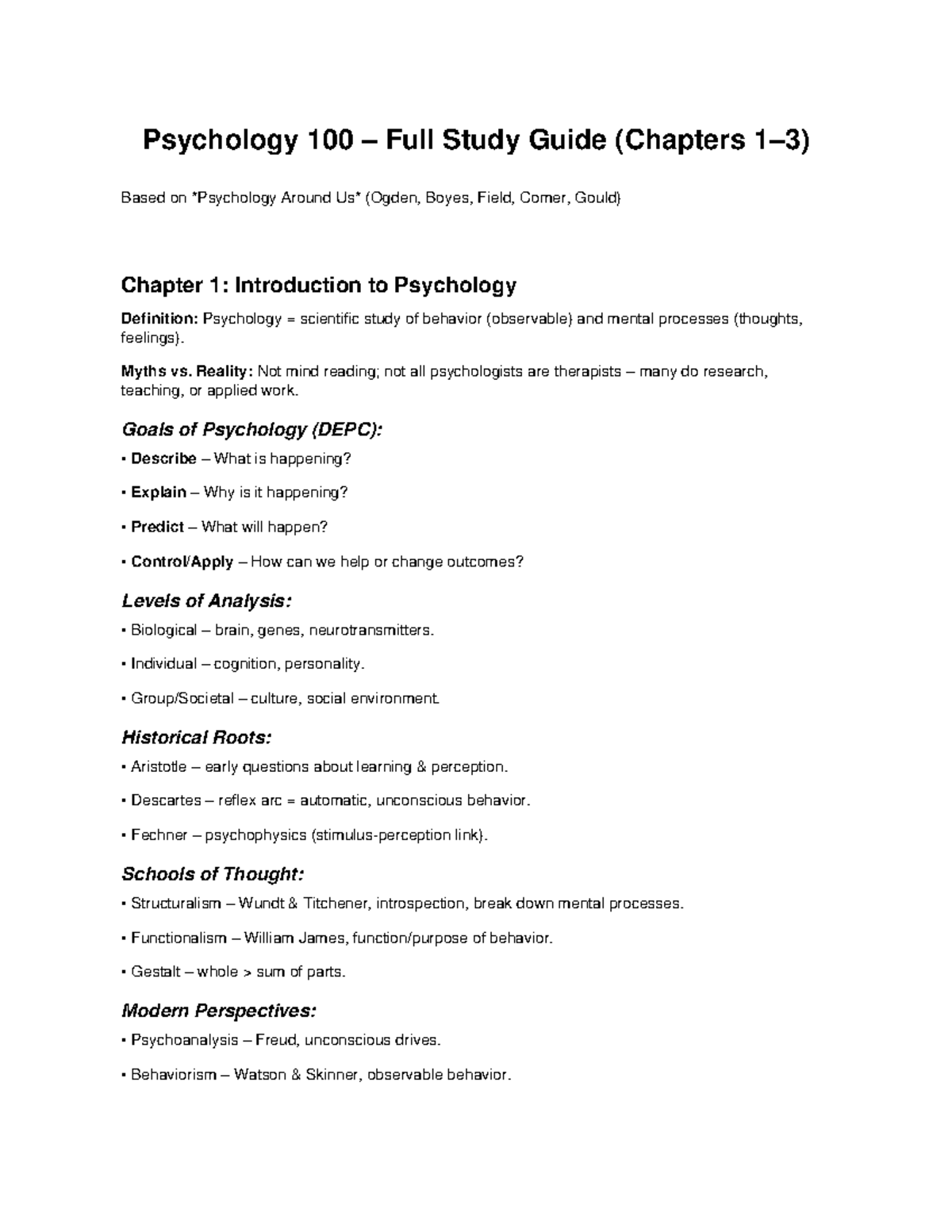 Psychology 100 Study Guide: Key Concepts from Chapters 1-3 - Studocu