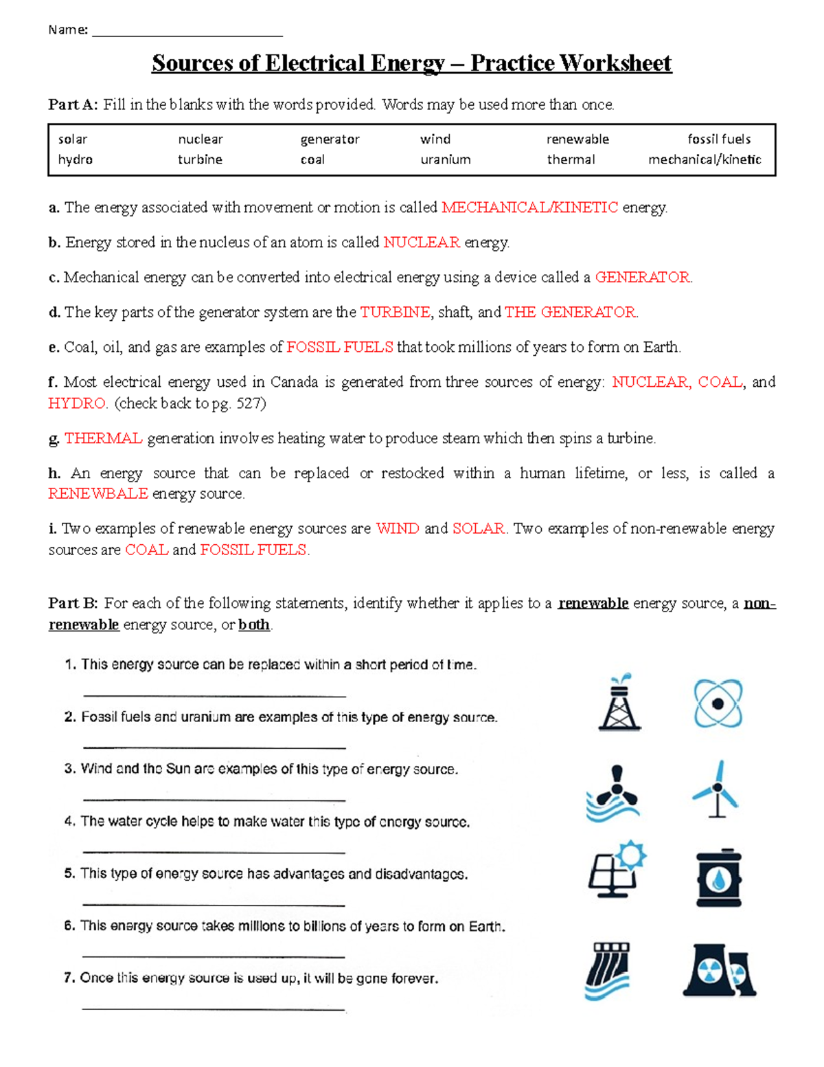 19b. Sources of Electrical Energy (12.5) - Practice Worksheet - Name