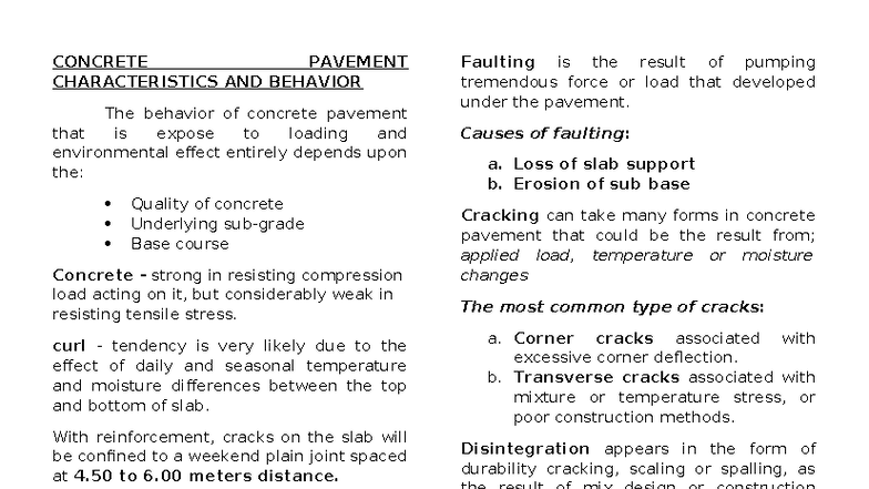 CE 101: Concrete Pavement Characteristics and Behavior Review - Studocu
