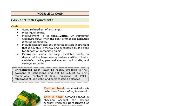 Module 1: Cash and Cash Equivalents Overview - Studocu