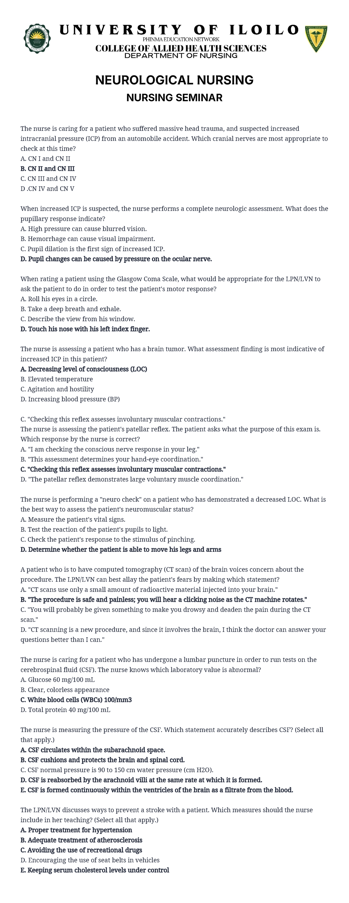 Neuro Recalls 0161 - Practice questions. - NEUROLOGICAL NURSING NURSING ...