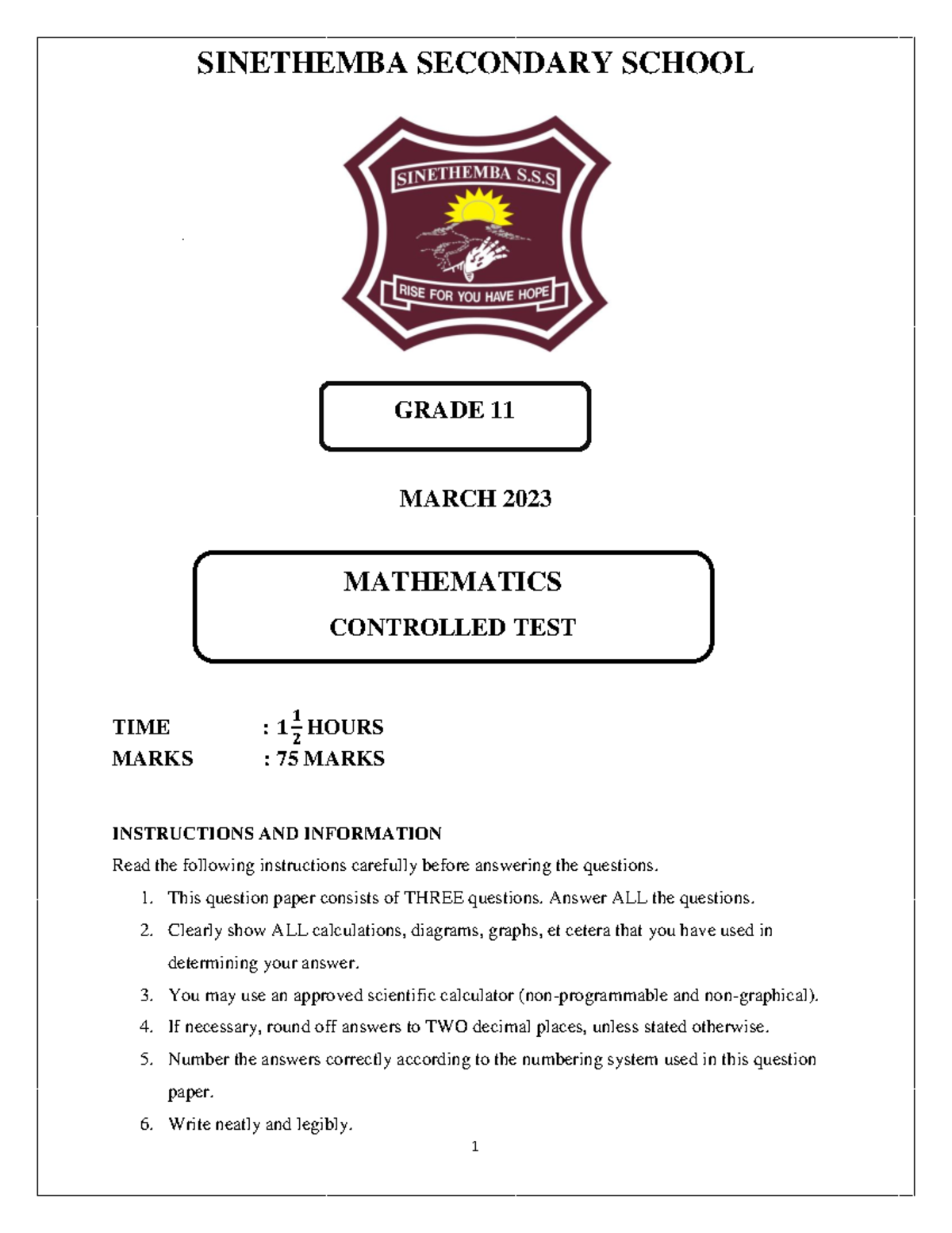 Grade 11 Term 1 Maths - 1 SINETHEMBA SECONDARY SCHOOL MARCH 2023 TIME ...