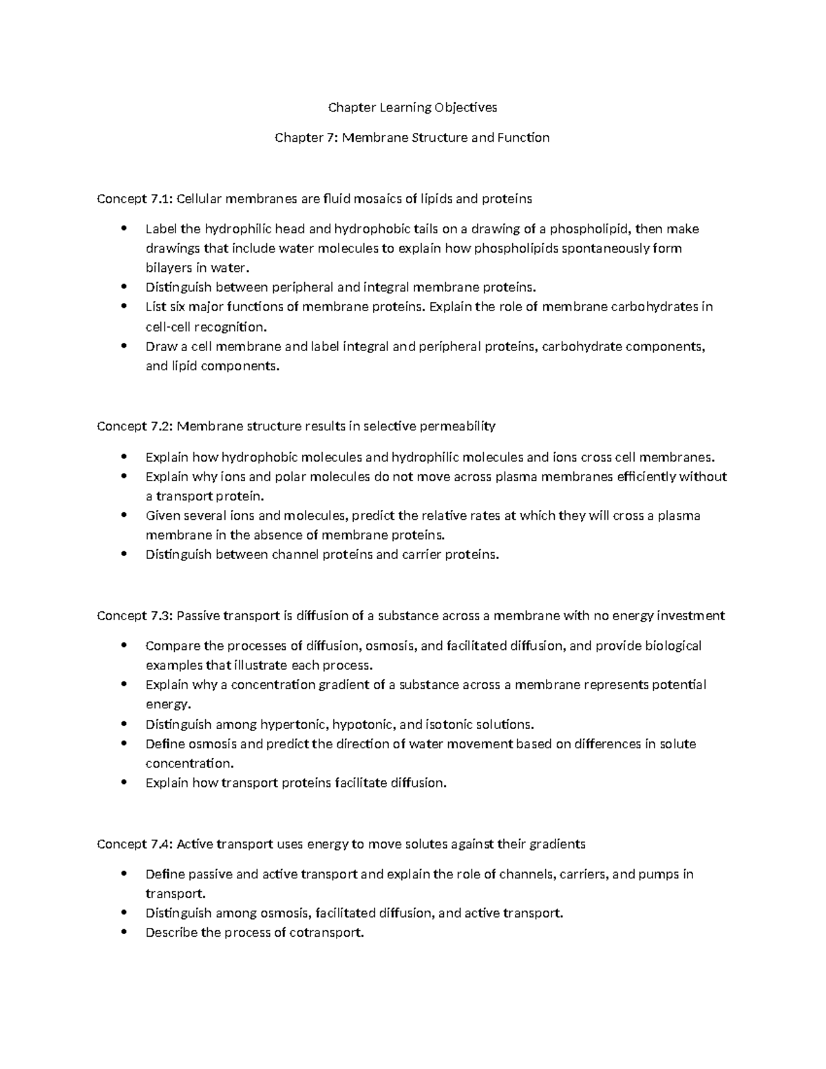Chapter 7 Learning Objectives: Membrane Structure & Function - Studocu