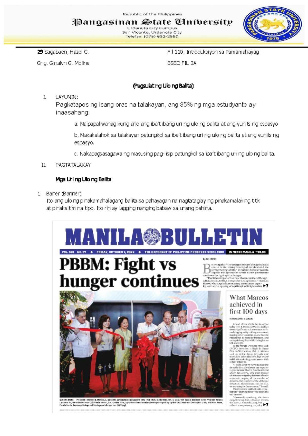 29- Pagsulat ng Ulo ng Balita - 29 Sagabaen, Hazel G. Fil 110 ...