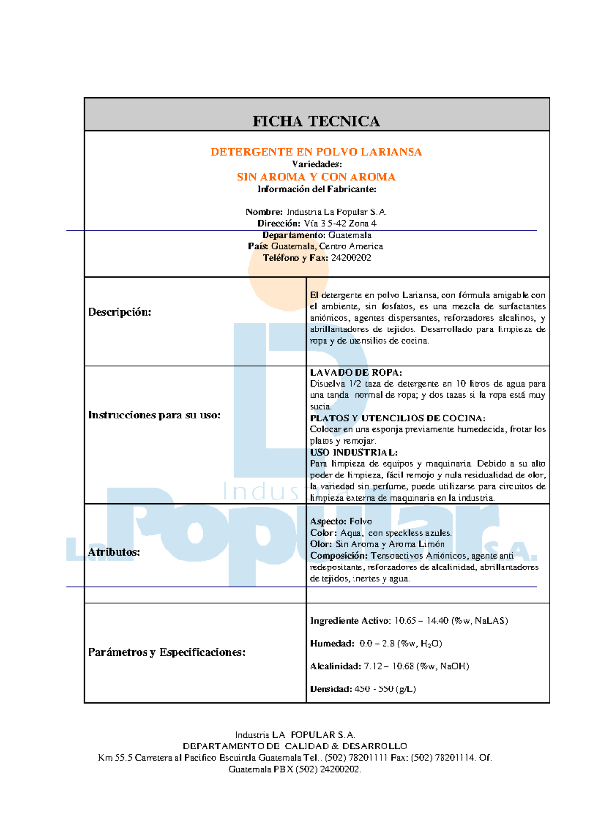 Ficha Técnica del Detergente en Polvo Lariansa - 21/11/24 - Studocu