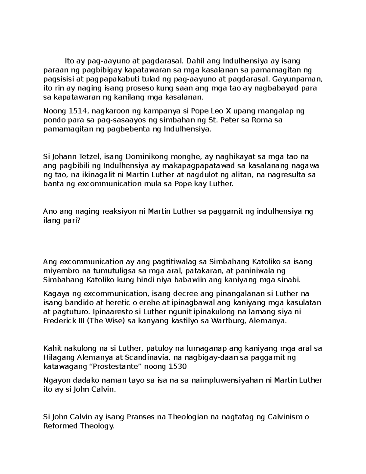 Mga Tala sa Repormasyon: Indulhensiya at Reaksiyon ni Luther - Studocu