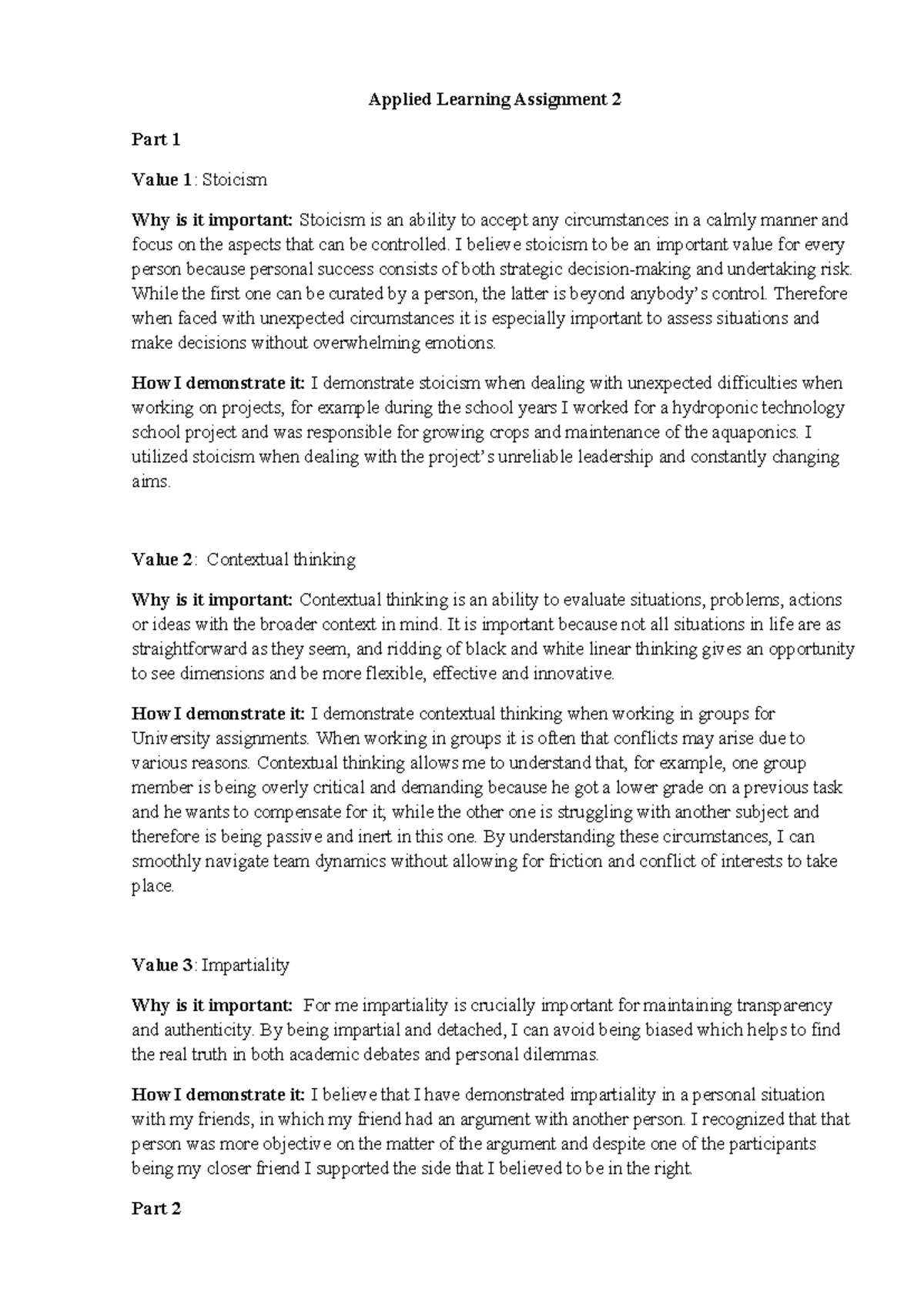 Applied Learning Assignment 2: Values of Stoicism, Contextual Thinking & - Studocu