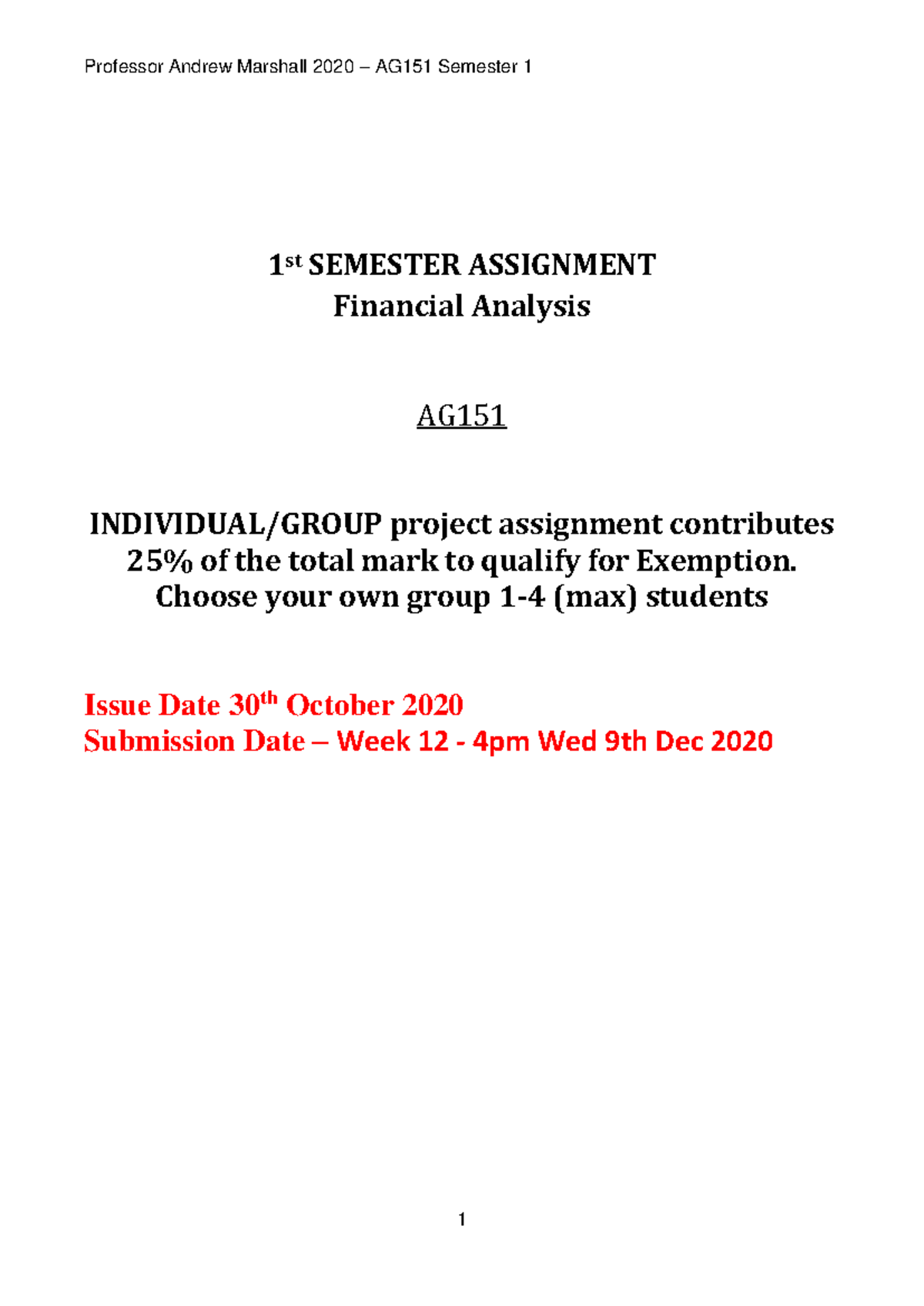 1st Semester Financial Analysis Project Assignment AG151 (2020) - Studocu