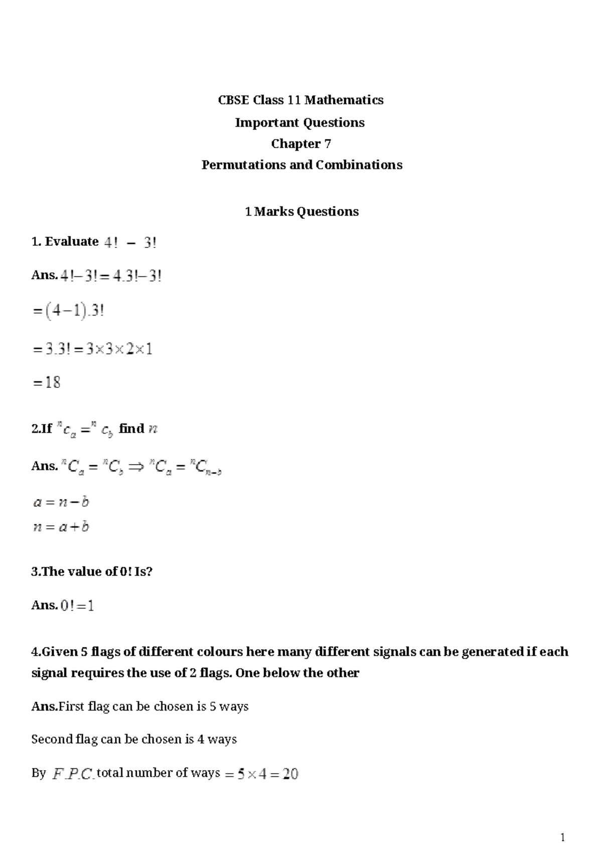 CBSE Class 11 Mathematics Important Questions on Permutations and ...