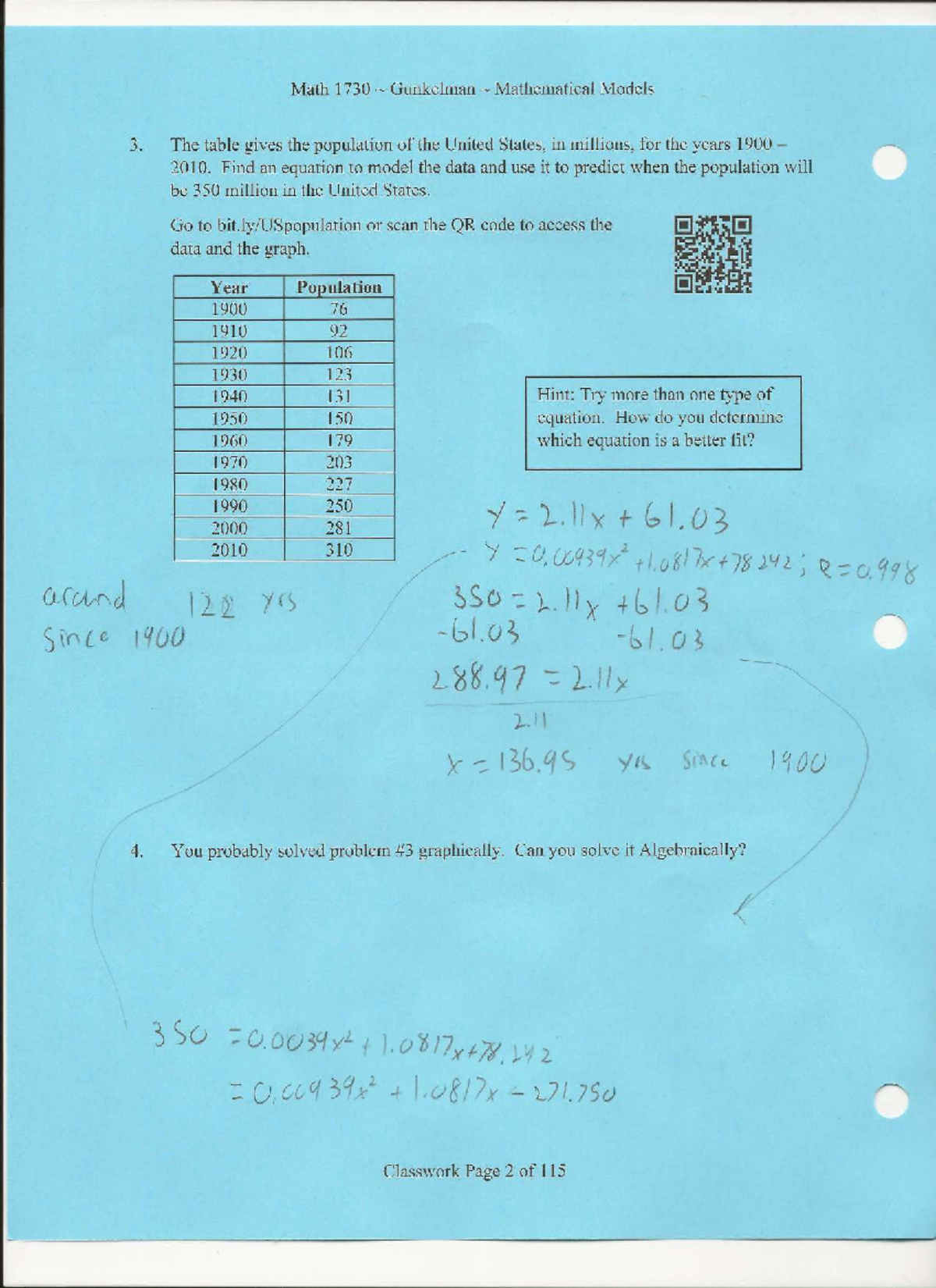 Math 1730 Lecture Notes: Modeling US Population Growth - Studocu