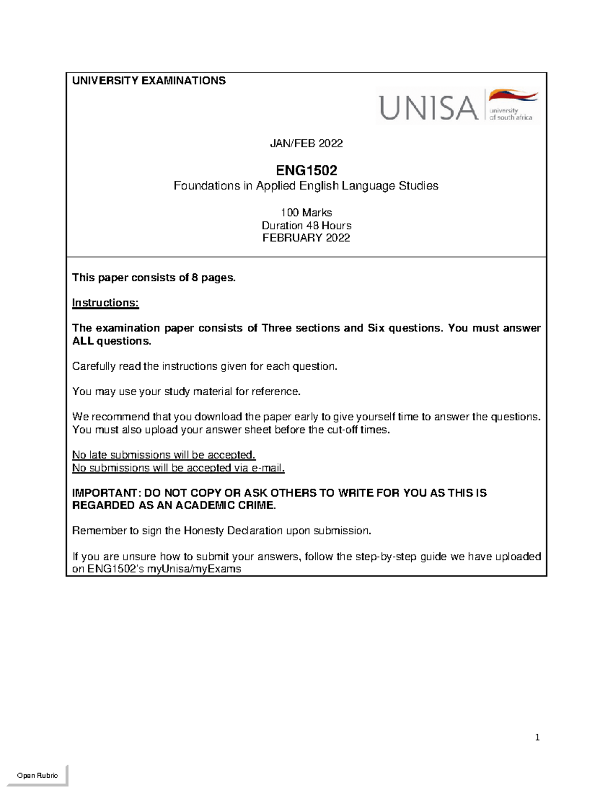 ENG1502 Supplementary Exam Paper January-February 2022 - Studocu