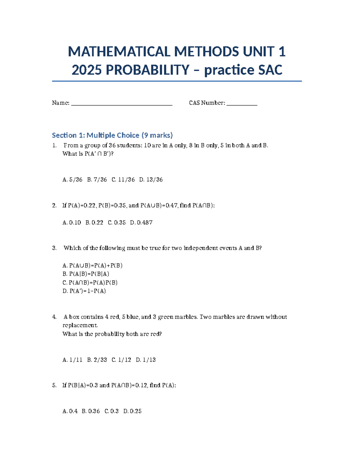 MATHEMATICAL METHODS UNIT 1 2025 PROBABILITY Practice SAC Notes - Studocu
