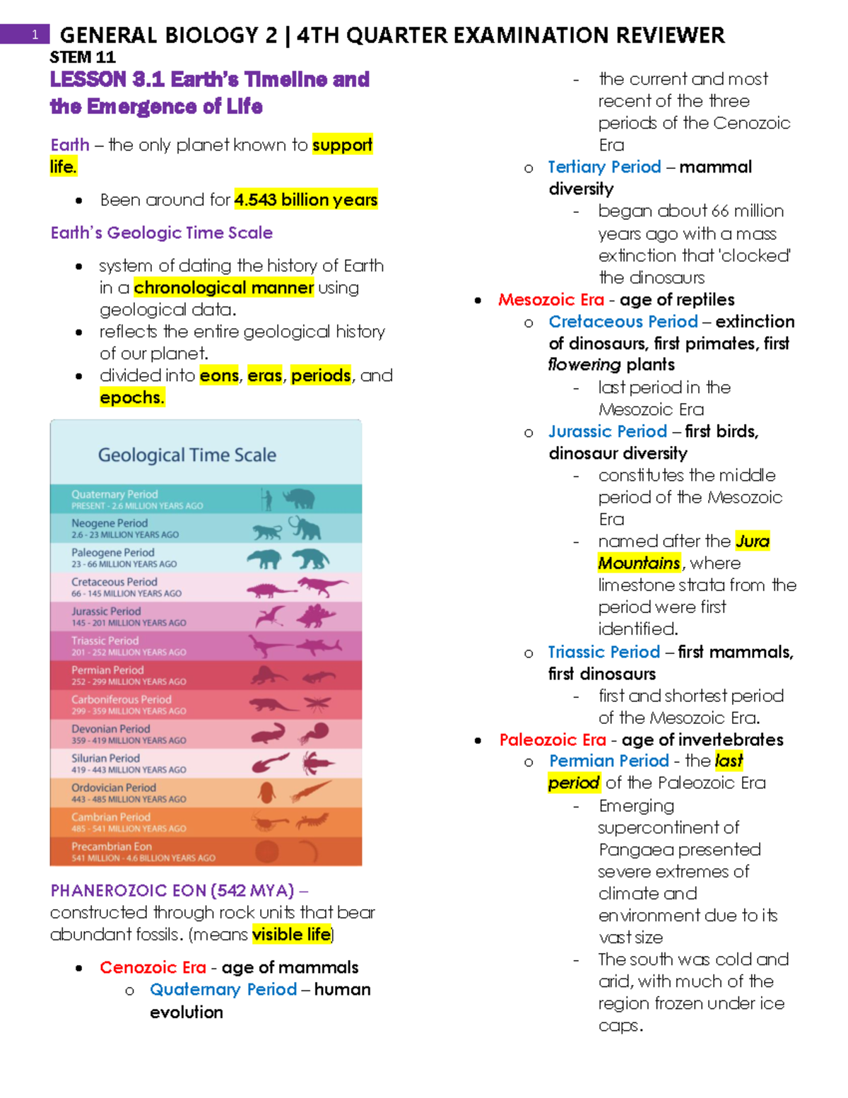 GEN BIO 2 4TH Quarter Exam Reviewer: Earth's Timeline & Emergence of ...