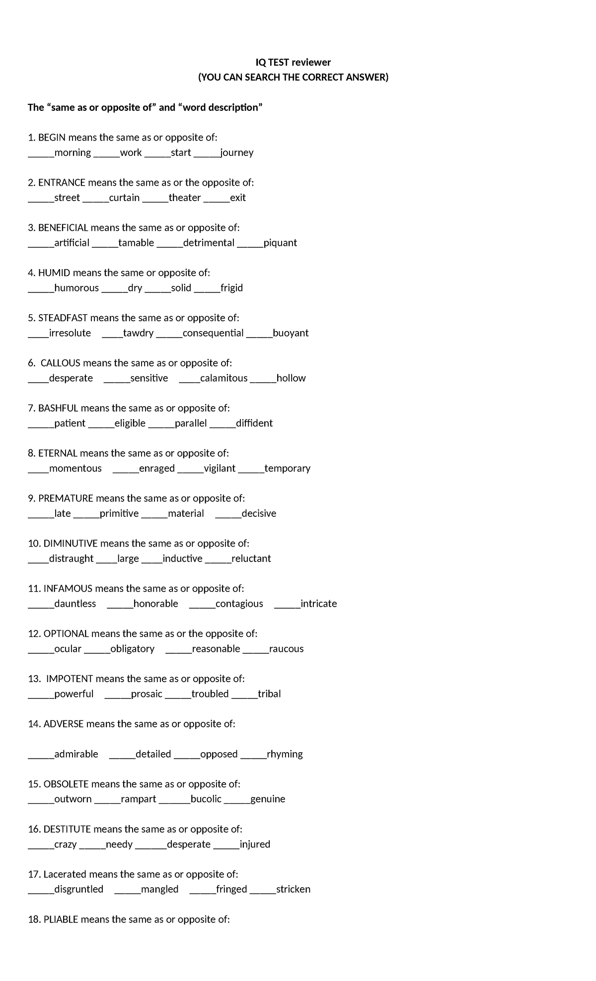 IQ TEST 1 Reviewer: Vocabulary and Definitions Guide - Studocu