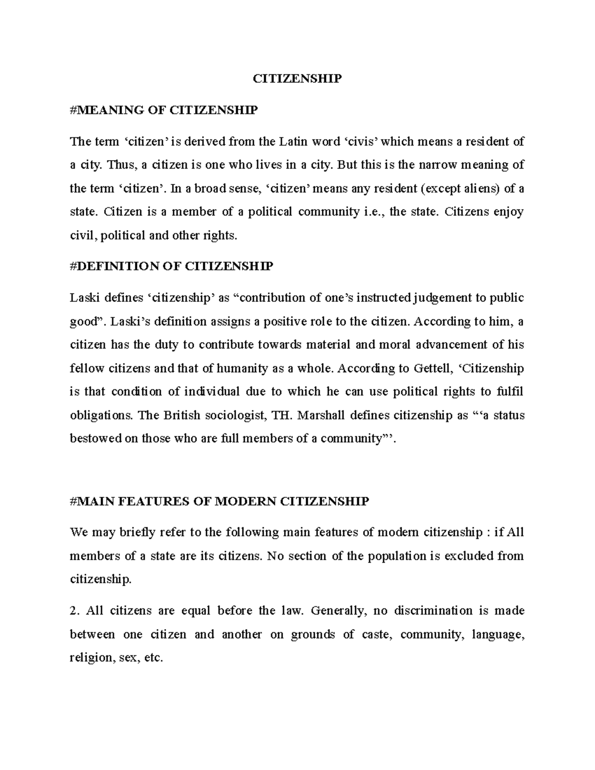 Citizenship - Lecture Notes 1-2: Meaning, Definition & Key Features ...