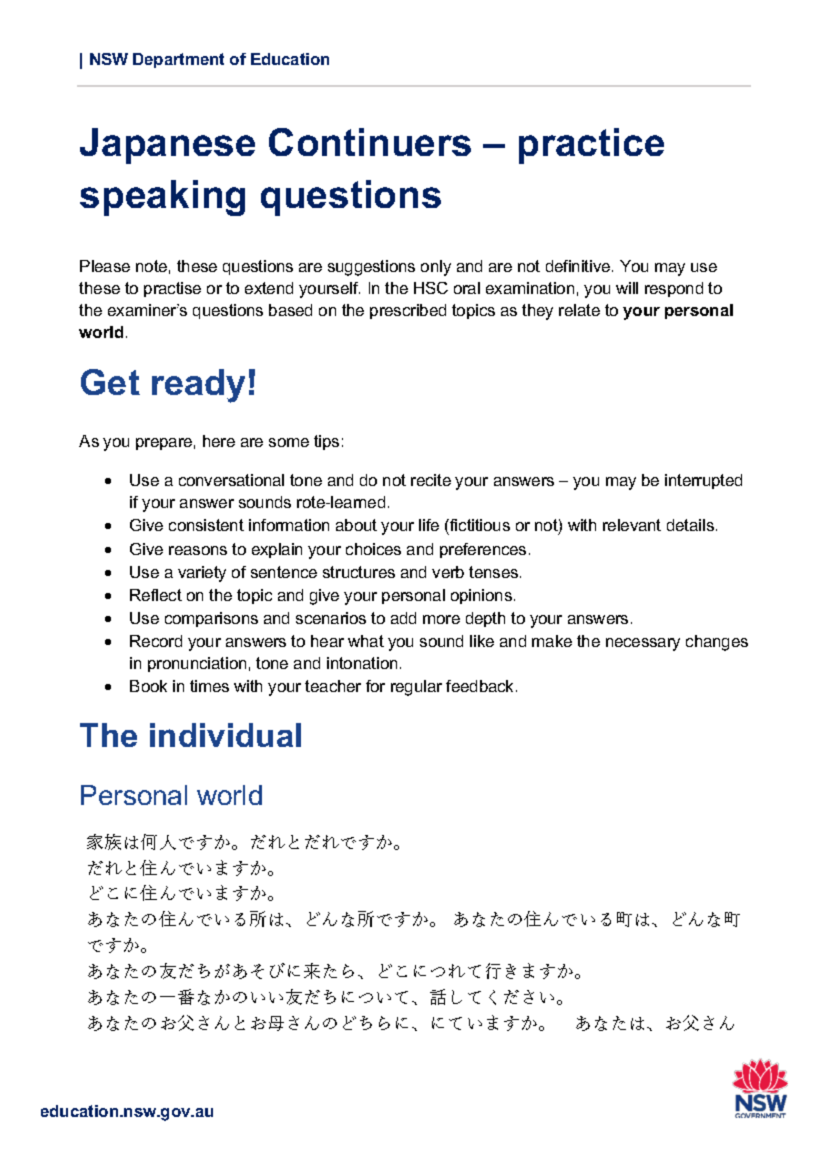 NSW Japanese Continuers HSC Oral Exam Practice Questions - Studocu