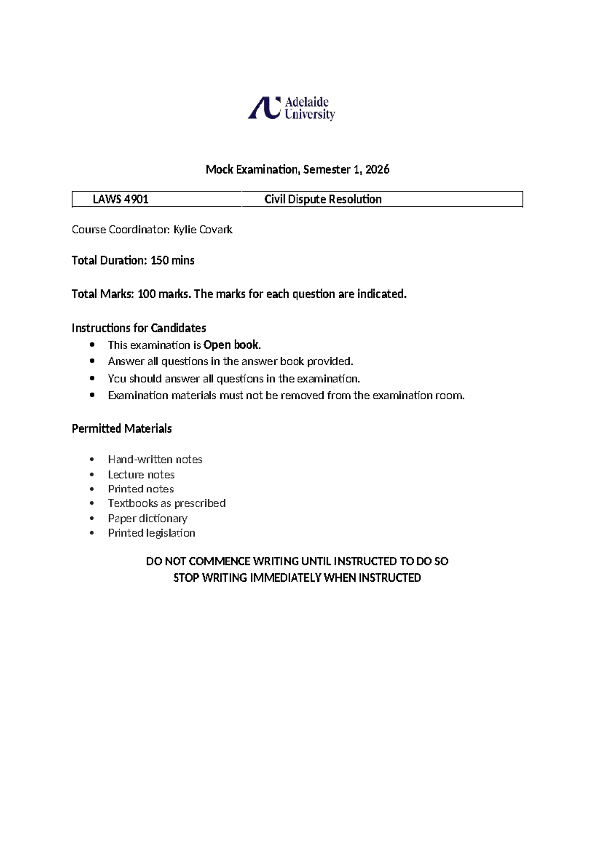 LAW 3501 & LAWS 4901 Mock Exam: Civil Dispute Resolution 2026 - Studocu