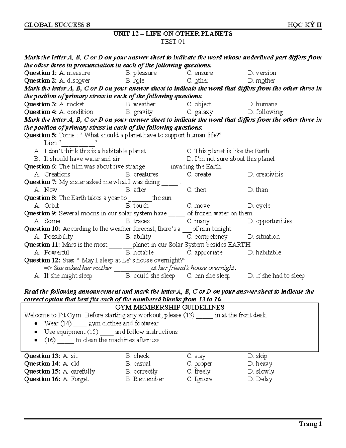 UNIT 12 - HS - Life on Other Planets Practice Test - Studocu