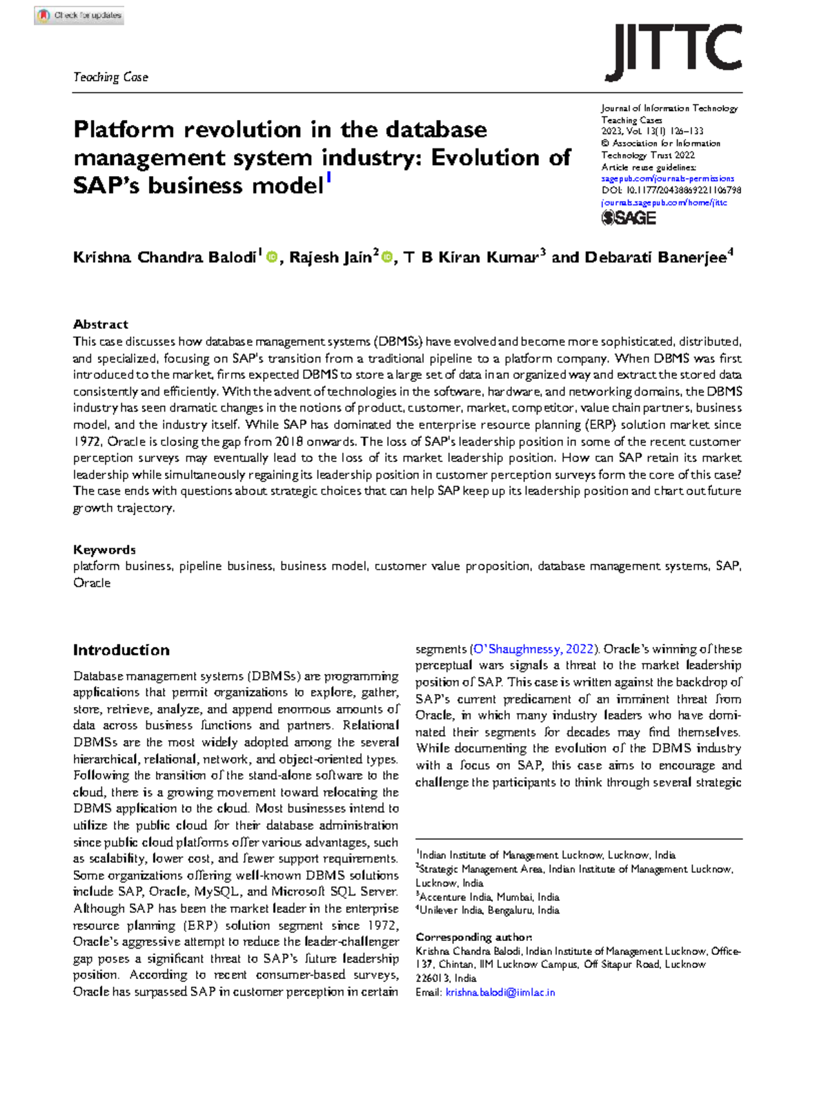 Balodi et al. 2022: Platform Revolution in DBMS & SAP's Business Model Evolution - Studocu