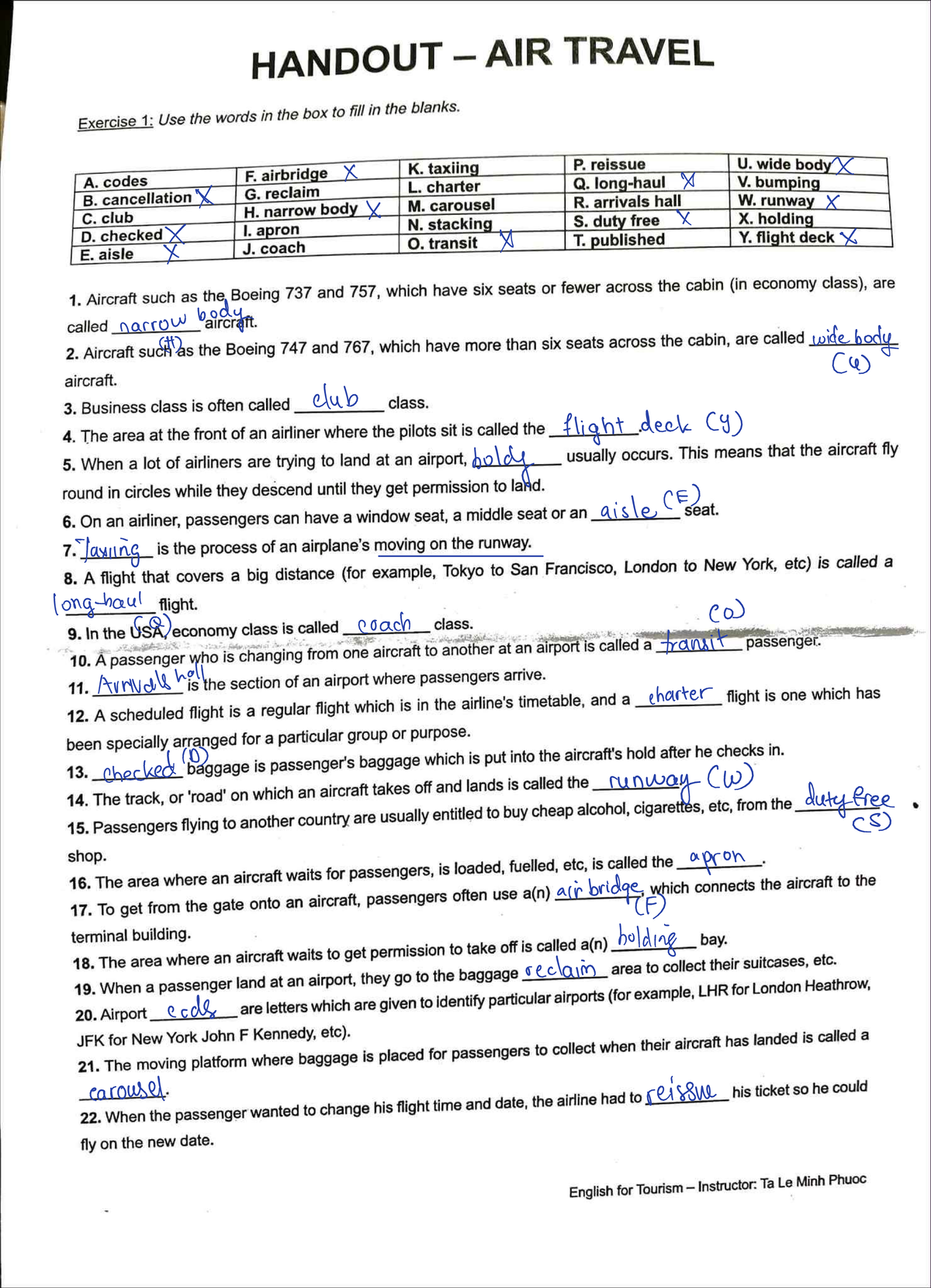 AIR TRAVEL HANDOUT: Exercise 1 Vocabulary Fill-in-the-Blanks - Studocu