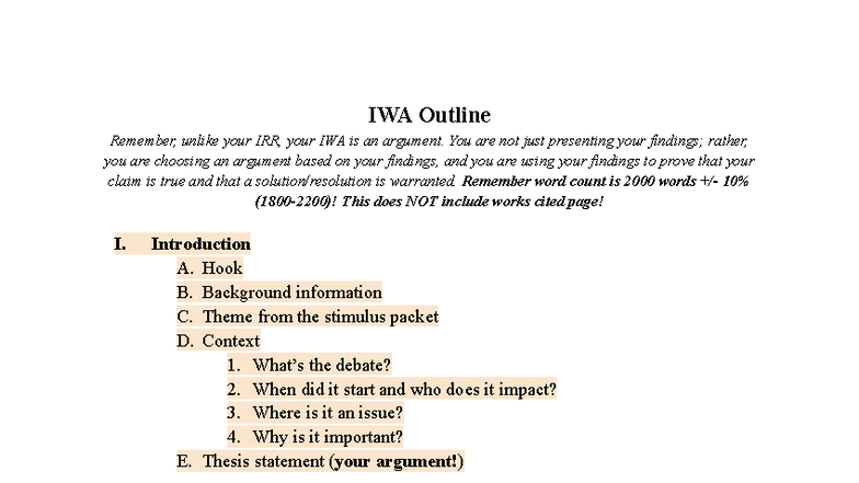 IWA Outline: Argument Structure & Key Components (Prince, Tanmay, Abhi ...